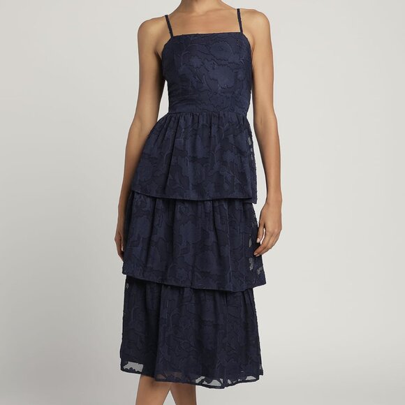 Lulus | Dresses | Nwt Grace And Beauty Navy Blue Burnout Floral Print Tiered Dress | Poshmark
